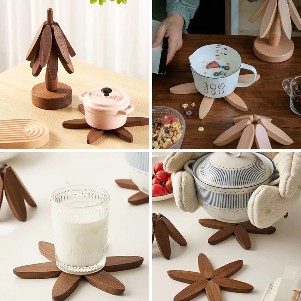 Generic Wooden Tree Coaster,Wooden Tree Coaster for Hot Dishes,Tree Shape,Trivets for Hot Dishes,3 Wooden Trivet + 1 Stand (Brown)