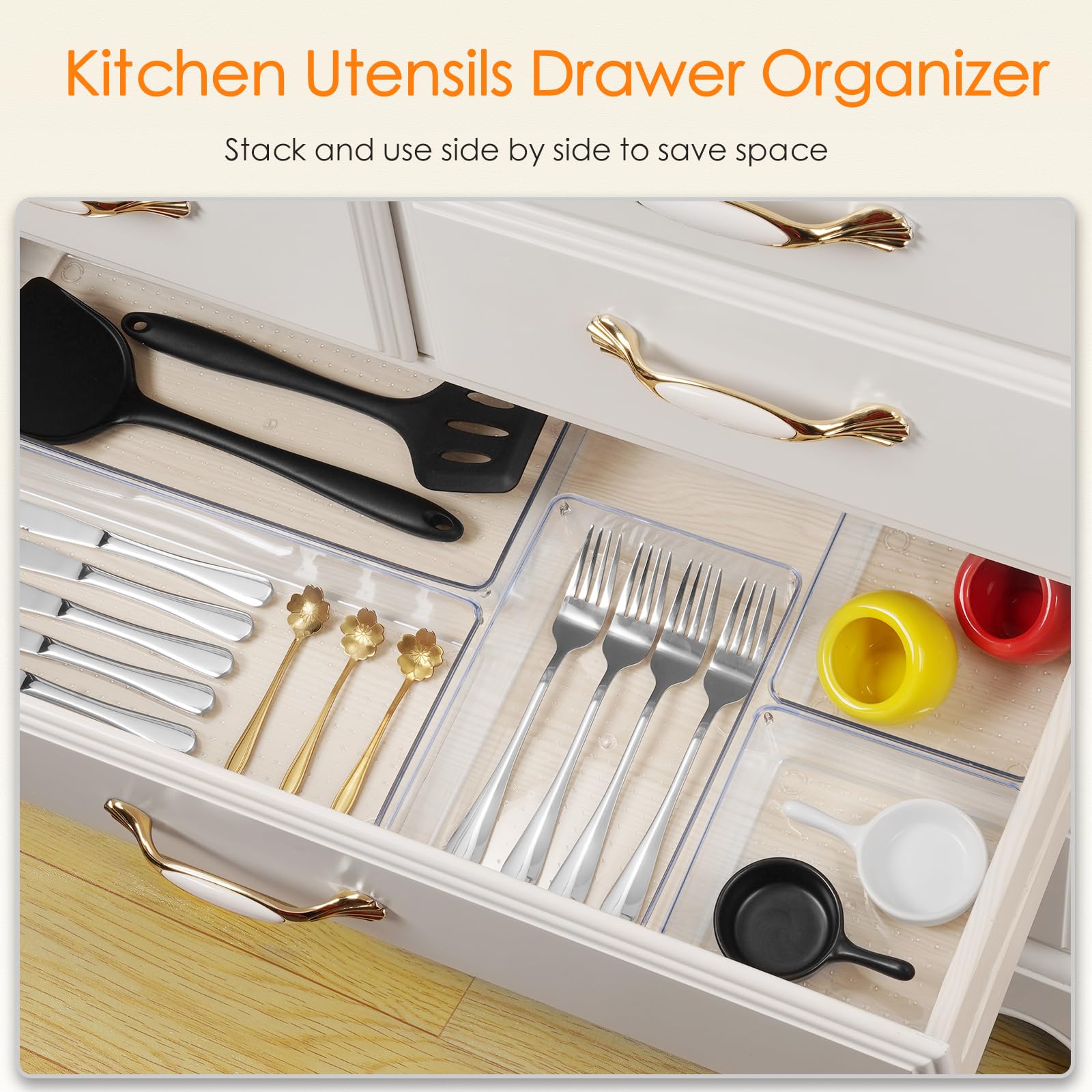Criusia Drawer Organizer, 10 Pack Large Clear Plastic Drawer Organizers Set, 3 Size Versatile Bathroom and Vanity Drawer Organizer Trays, Storage Bins for Makeup, Bedroom, Kitchen Gadgets Utensils