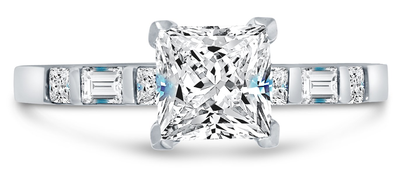 Size 8.5 - Solid 14k White Gold CZ Cubic Zirconia Bridal Engagement Ring w/Matching Wedding Band Two Ring Set - Princess Cut Solitaire with Baguette Side Stones (1.75cttw., 1.0ct. Center)