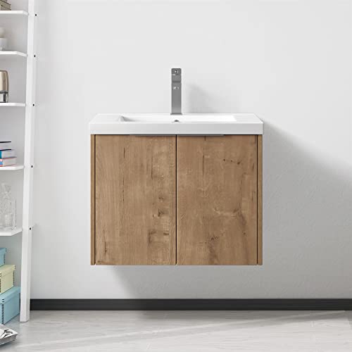 SSLine Wall Mounted Bathroom Vanity with Sink Combo Modern 24-Inch Single Bathroom Vanity Set with Top Basin &Storage Cabinet Brown Wood Hanging Bath Cabinet w/Resin Sink for Small Space (24"-Brown)