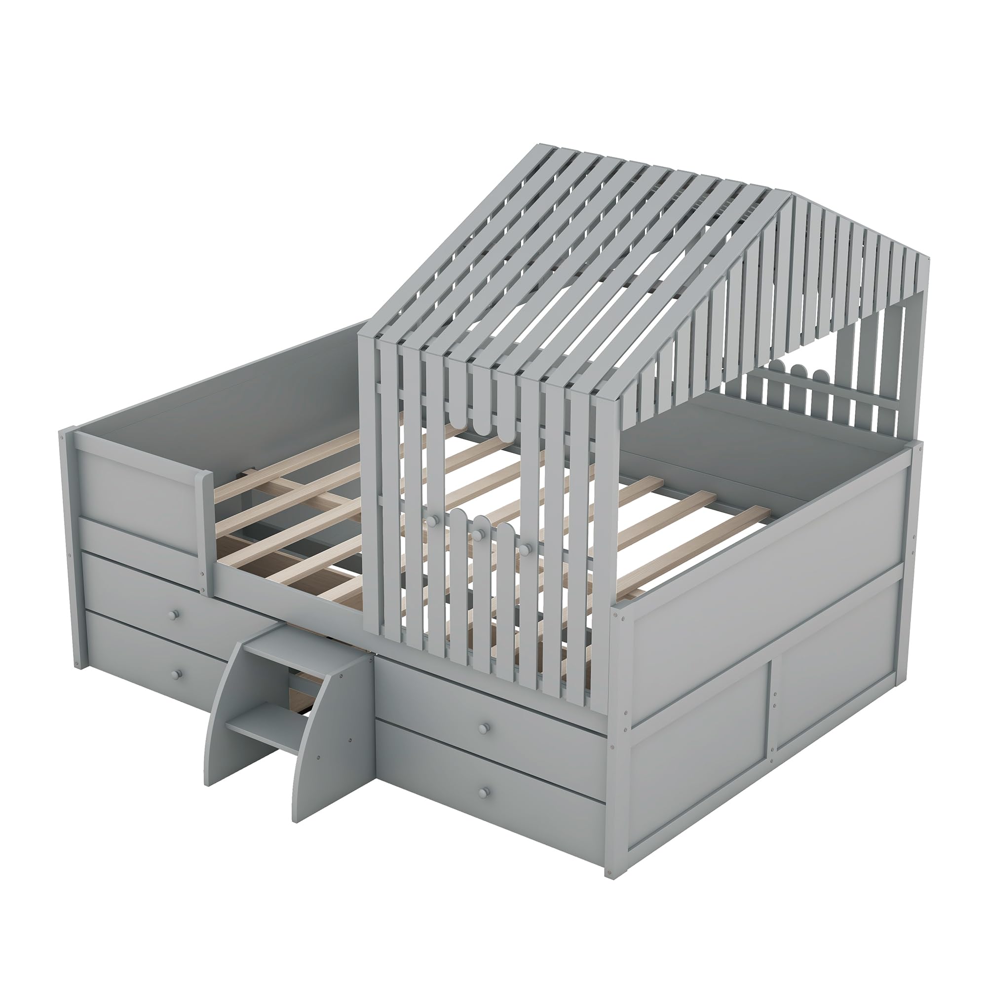 LostCat Full Bed with Storage, Full Size House Low Loft Bed with 4 Drawers, Wooden Platform Bed Frame with Stairs & Guardrail for Kids Teens Adults, No Box Spring Needed, White