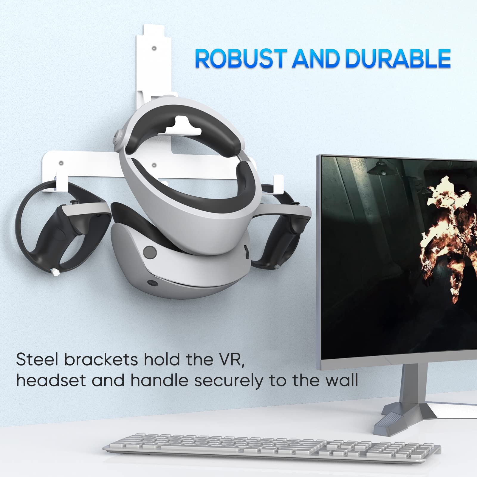 FYOUNG Wall Mount Storage Stand for PS VR2 Gaming Headset, VR2 All-in-One Steel Wall Shelf Holder Hanger Hook for PS5 Controller and Headset Accessories, Saving Space for PSVR2 Accessories