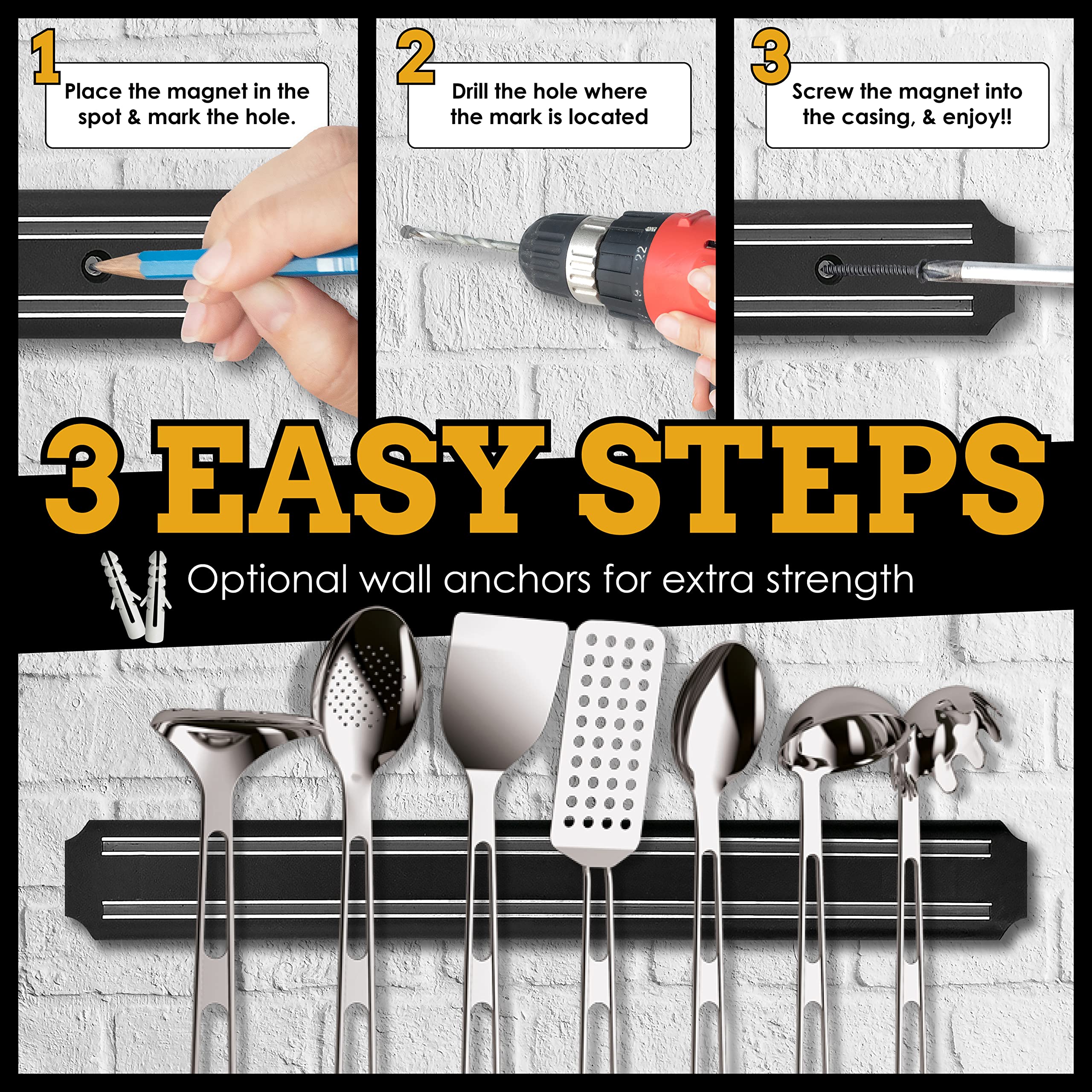 Magnetic Knife Strip for Wall - Extra-Strong Magnet Knife Holder Strip (15 Inch X Set Of 3) - Securely Holds Your Biggest Kitchen Knives - Space-Saving Magnetic Knife Holder For Wall -By SUMPRI