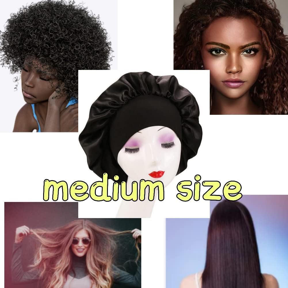 LFRNZS Satin Bonnet, Sleep Cap for Women Hair Care,Sleeping Hair Bonnet, Soft Wide Elastic Band Silk Bonnet, Night Bonnet (Black)