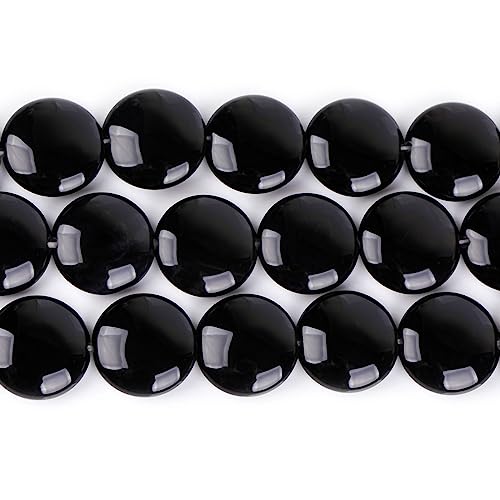 JOE FOREMAN 18mm Natural Black Agate Coin Button Chakras Stone Semi Precious Gemstone Beads for Jewelry Making Strand 15 inch