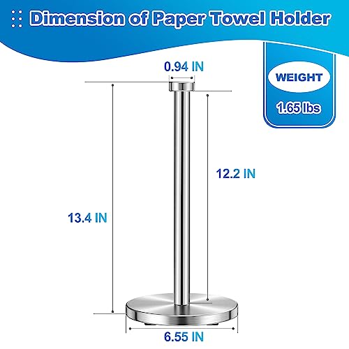 SMARTAKE Paper Towel Holder, Standing Kitchen Roll Holder with Suction Cups, One-Hand Tear Paper Towel Stand, Non-Slip Weighted Base, Fit Most Paper Rolls, for Kitchen Table Countertop, Silver
