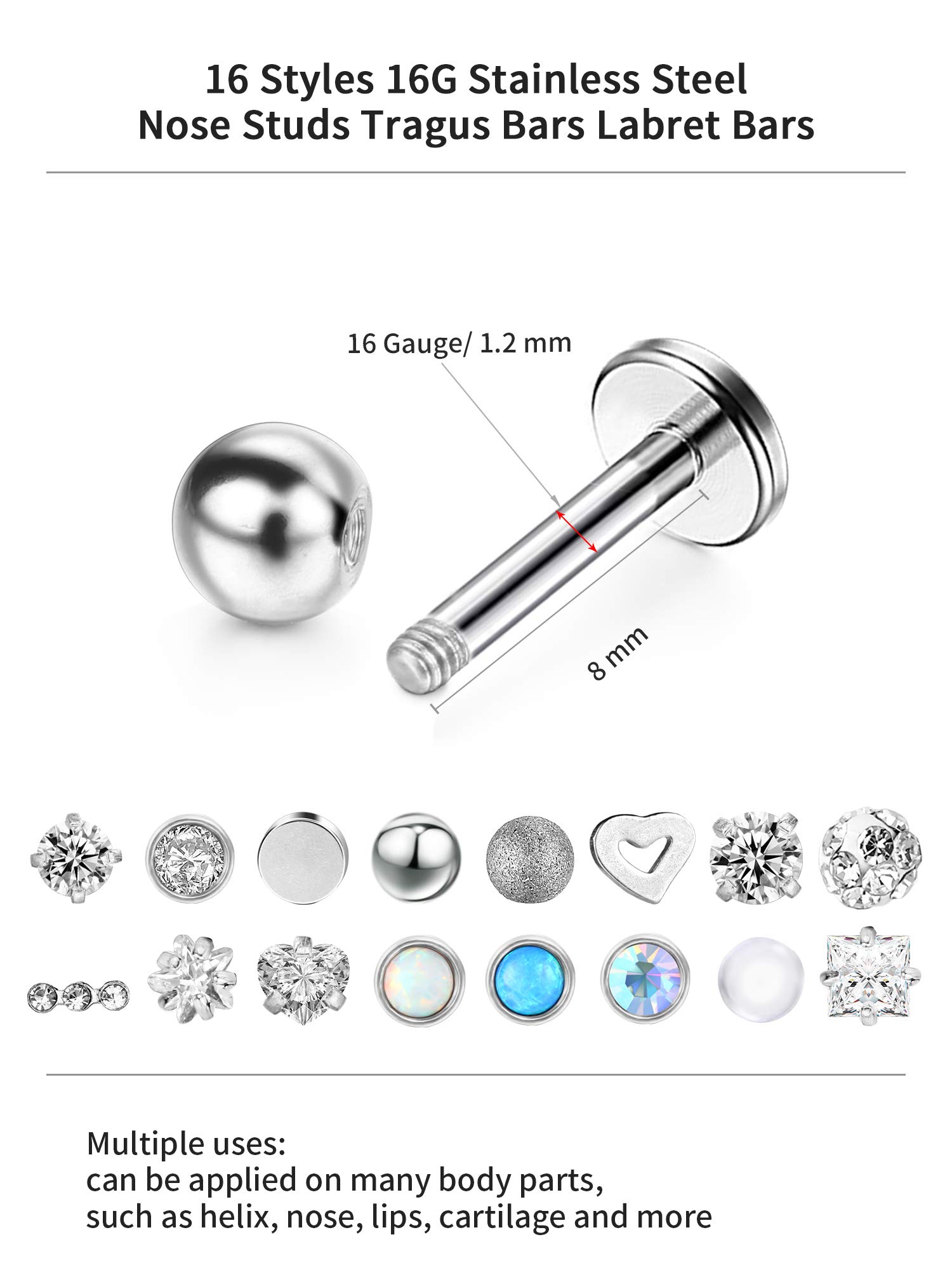 Chuangdi 16 Pieces 16 G Labret Nose Studs Piercing Lips Stainless Steel Tragus Nose Assorted Design Piercing Jewelry for Women (Silver)