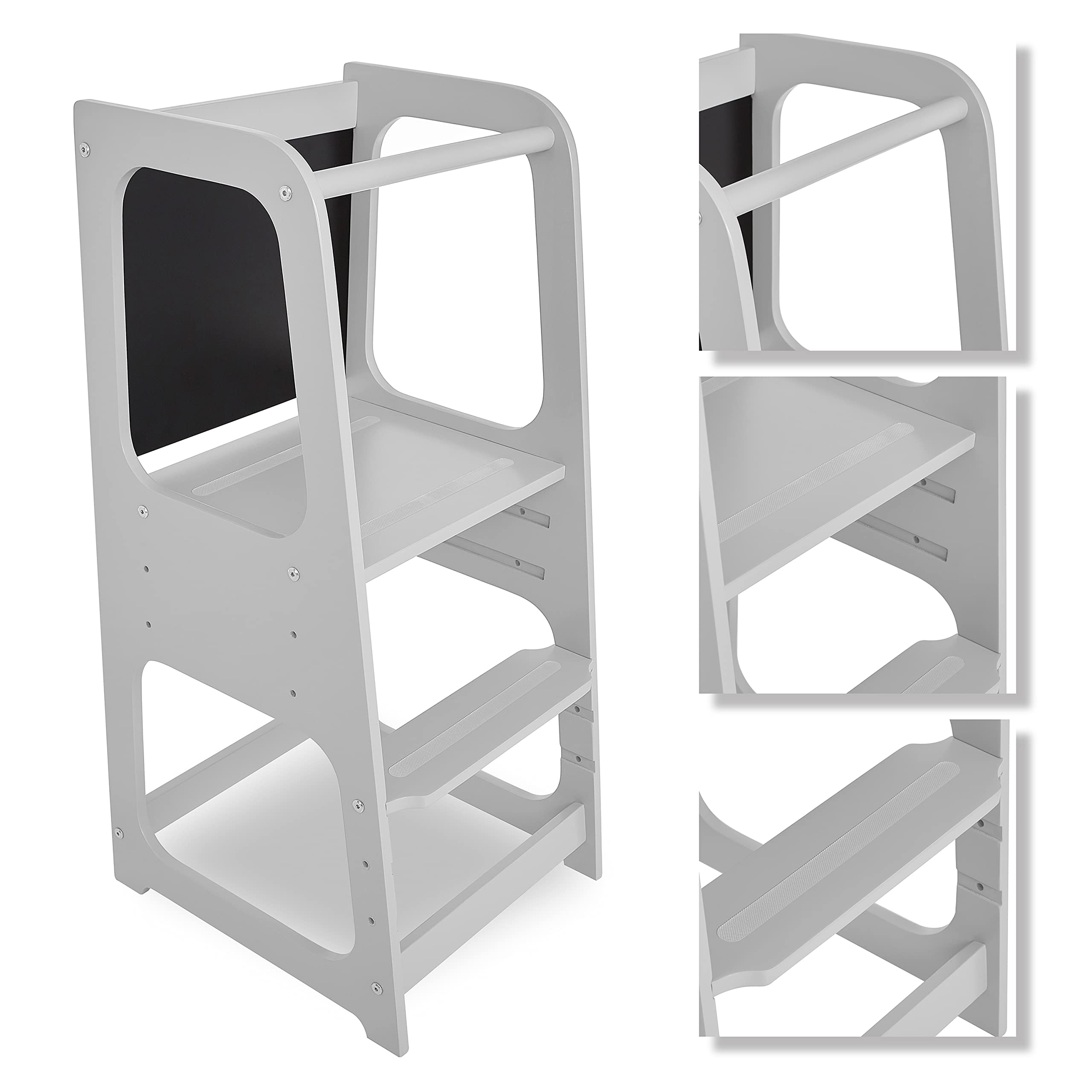 Dream On Me Explora Tower & Step Stool in Pebble Grey, Anti-Slip Base, Multipurpose Kids Step Stool, 3 Platform Heights, Chalkable Black Board