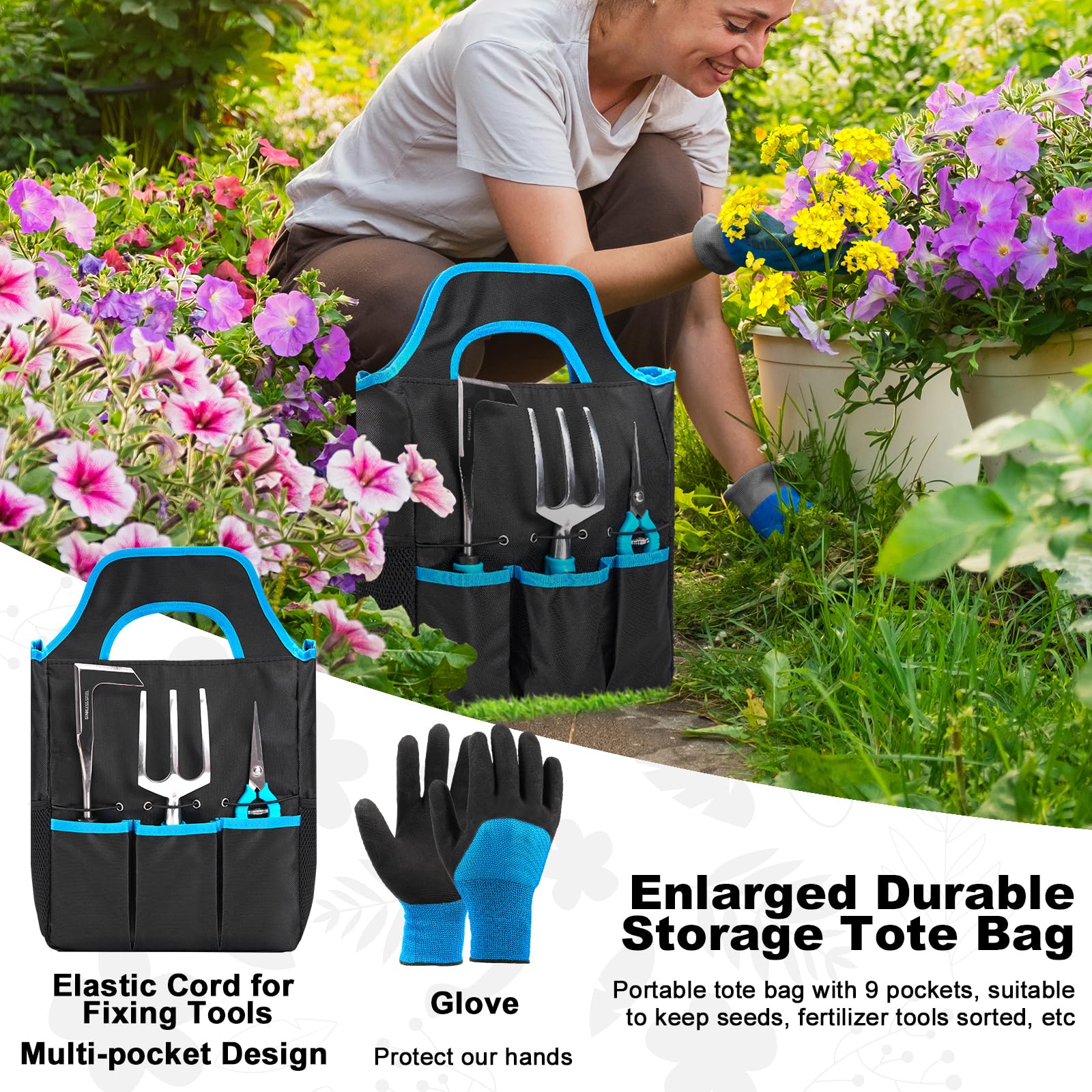 Garden Tool Set with Non Slip Rubber Grip,11 Piece Stainless Steel Gardening Tool Sets,Thickened Repotting Mat & Storage Tote Bag,Heavy Duty Outdoor Hand Tools Uprooting Weeding Tool, Ideal Gifts Blue