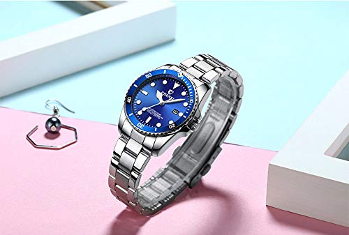 MASTOP Couple Watches Classic Golden Stainless Steel Watch His and Hers Waterproof Quartz Watch (Silver Blue)