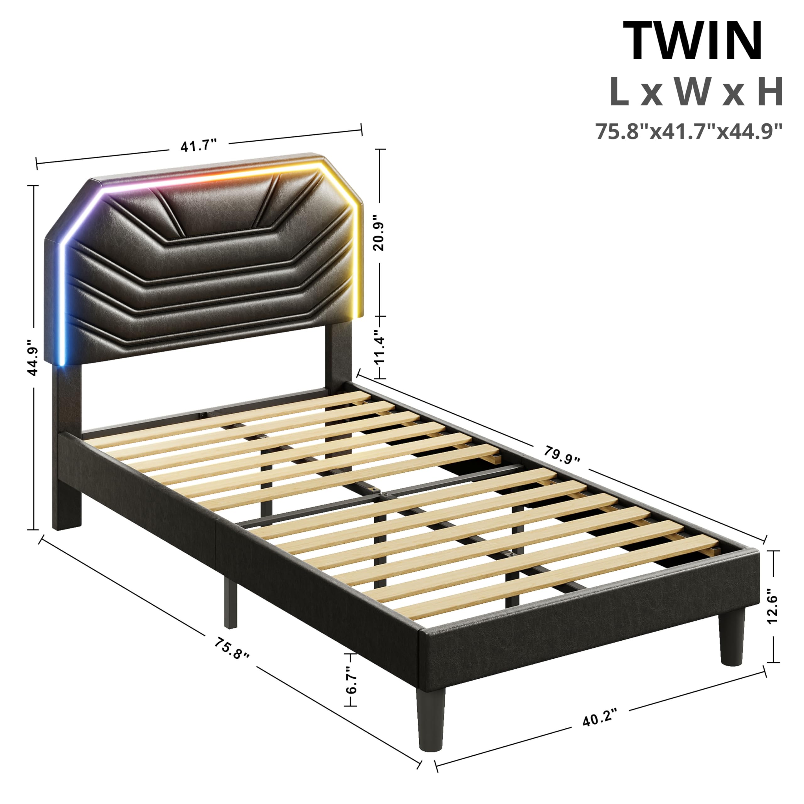 LIKIMIO Twin Bed Frames with Lighted Headboard, Upholstered Modern Cama Twin Platform Bed with Heavy Duty Supports, No Box Spring Need, Noise Free, Easy Assembly, Black
