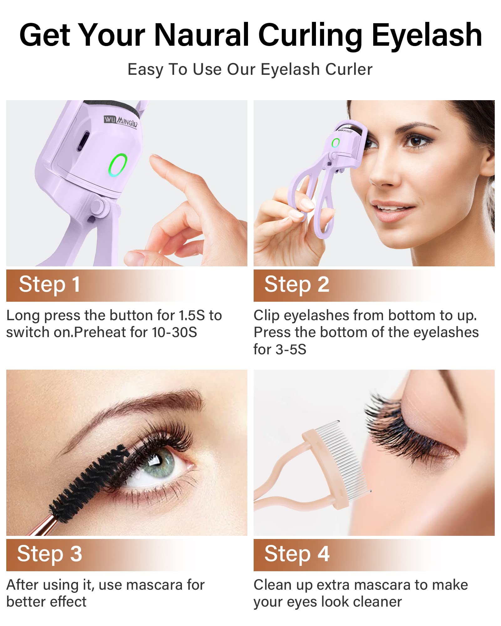 Heated Eyelash Curler,WU-MINGLU Electric Eyelash Curlers with Comb,USB Rechargeable Heated Eye Lash Curler,2 Heating Modes Quick Natural Curling Eye Lashes for Long Lasting- Purple