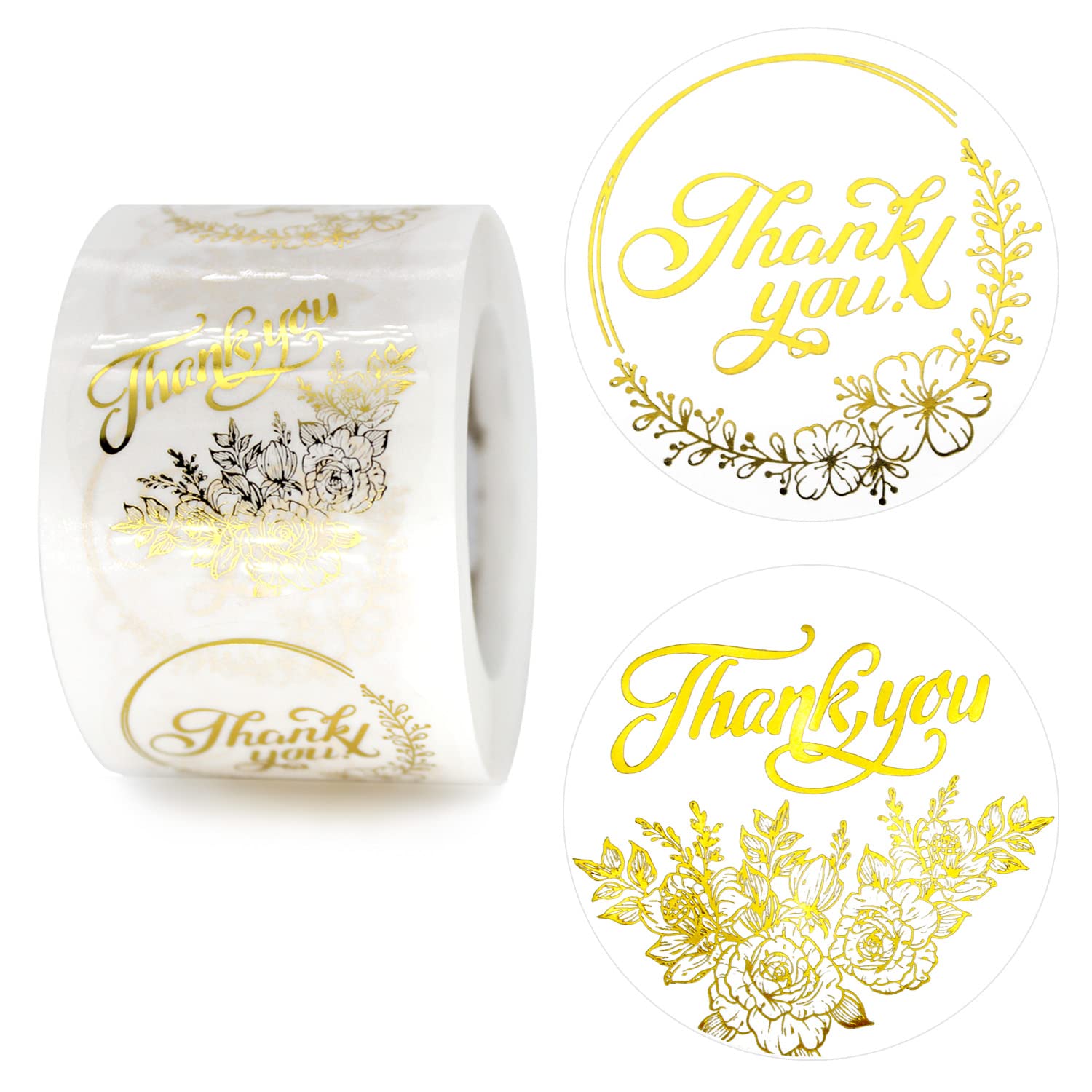 Gold Foil Thank You Stickers Roll for Small Business 500 Pcs Round Clear Wedding Stickers 2 Designs Glitter Flowers Seal Stickers Labels 1.5 Inch