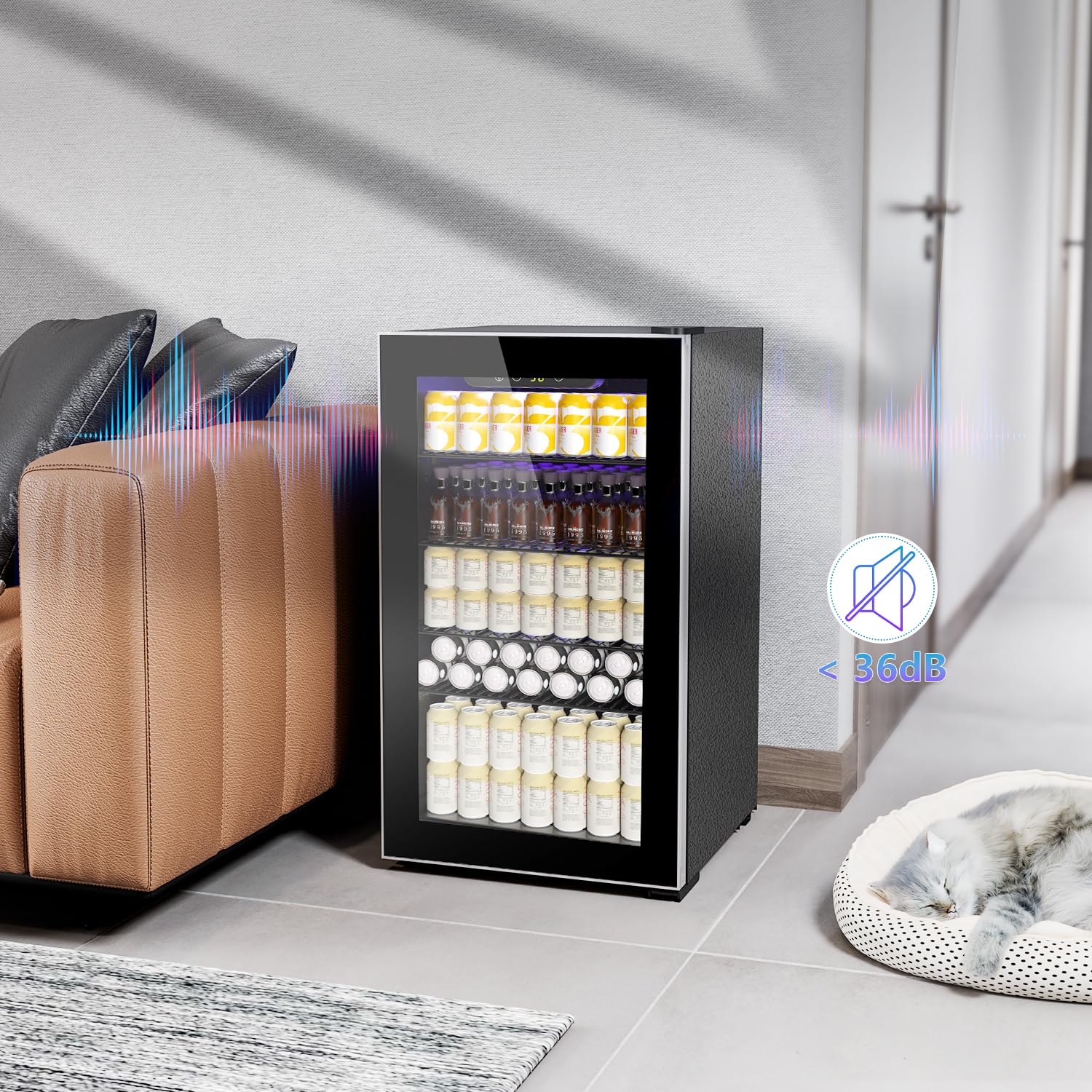 Kndko Mini Beverage Refrigerator and Cooler - 130 Can Mini Fridge with Glass Door, Digital Temperature Control, LED Light, Reversible Door, Perfect for Home, Office, Bar, and Game Room - 3.2 Cu.Ft