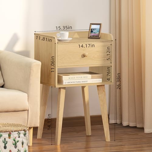 Lerliuo Wood Nightstand Set of 2, Modern Bed Side Table with Drawer, Wood End Table for Small Space, Side Table with Storage, Night Stand for Bedroom/Living Room/Dorm 26.38''H