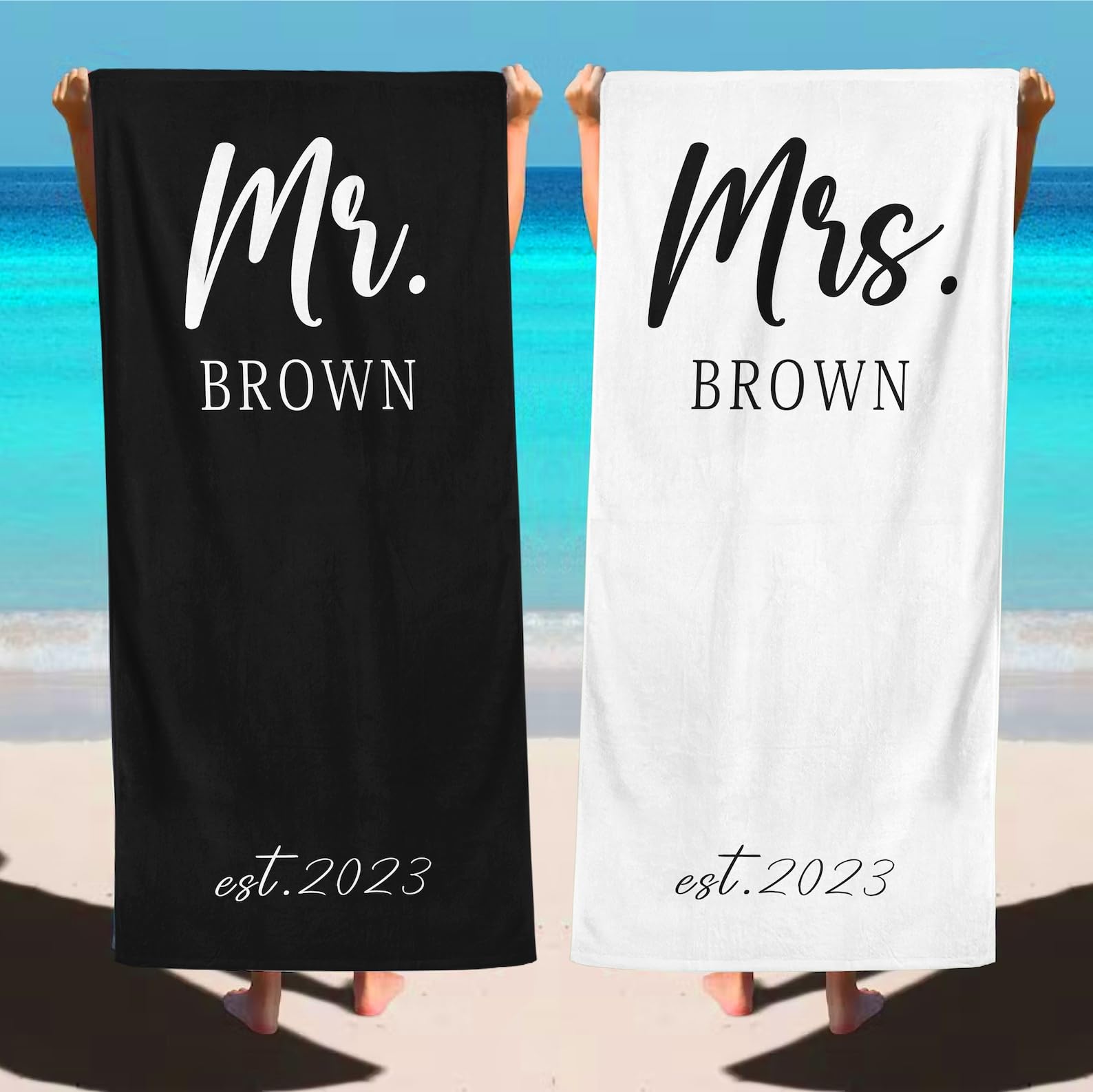 Custom Mr & Mrs Beach Towel, His & Hers Towels, Bride Honeymoon Travel, Personalized Bride Groom Beach Towel, Gift for Couples, Beach Bachelorette, Honeymoon Gifts, Just Married Gifts