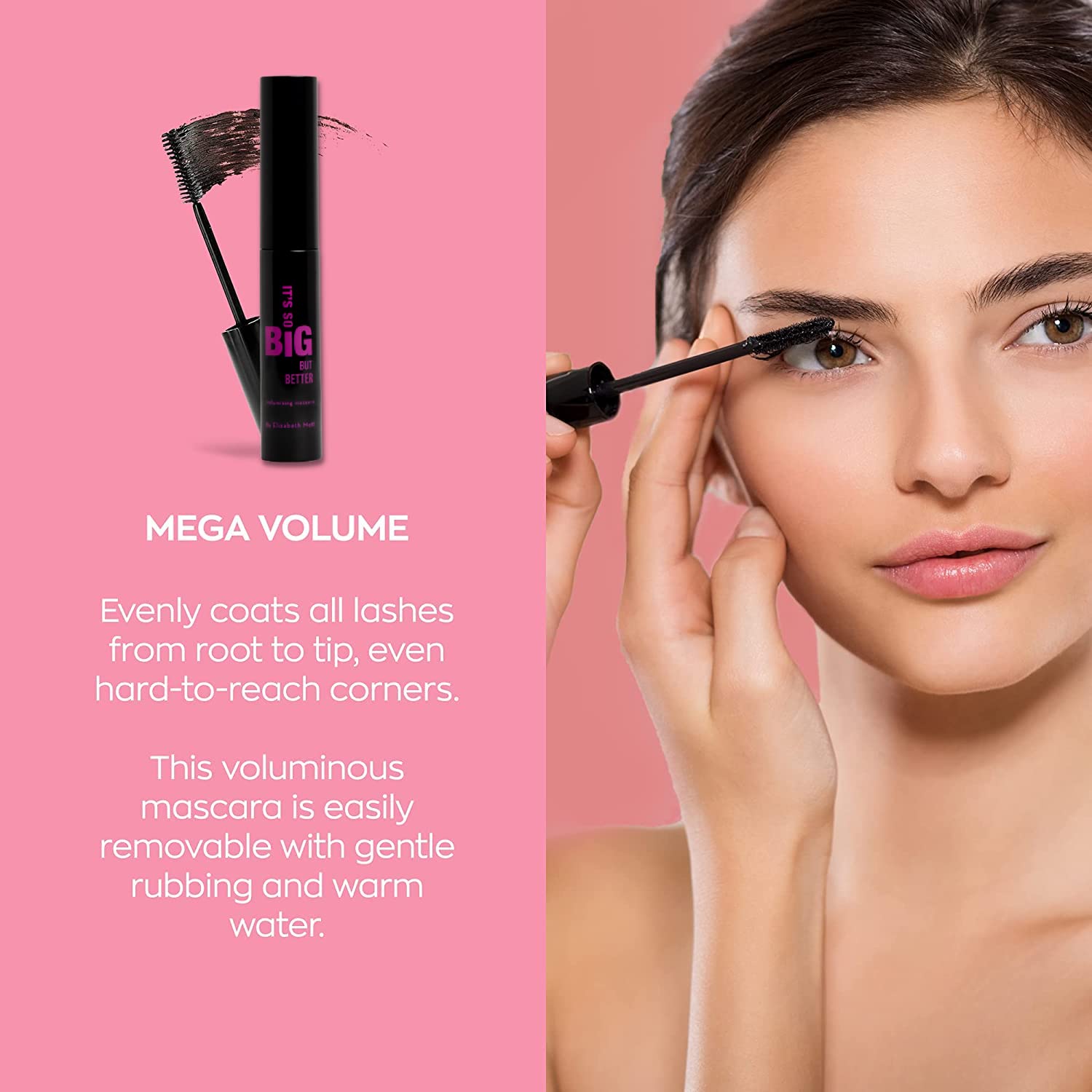 Elizabeth Mott Black Volumizing Smudge-Proof Mascara-Cruelty Free Lengthening Fiber Mascara with Hourglass Wand-Water Resistant,No Clump,Amazing Eyelashes,Safe with Lash Extensions,Full-Size 10ml