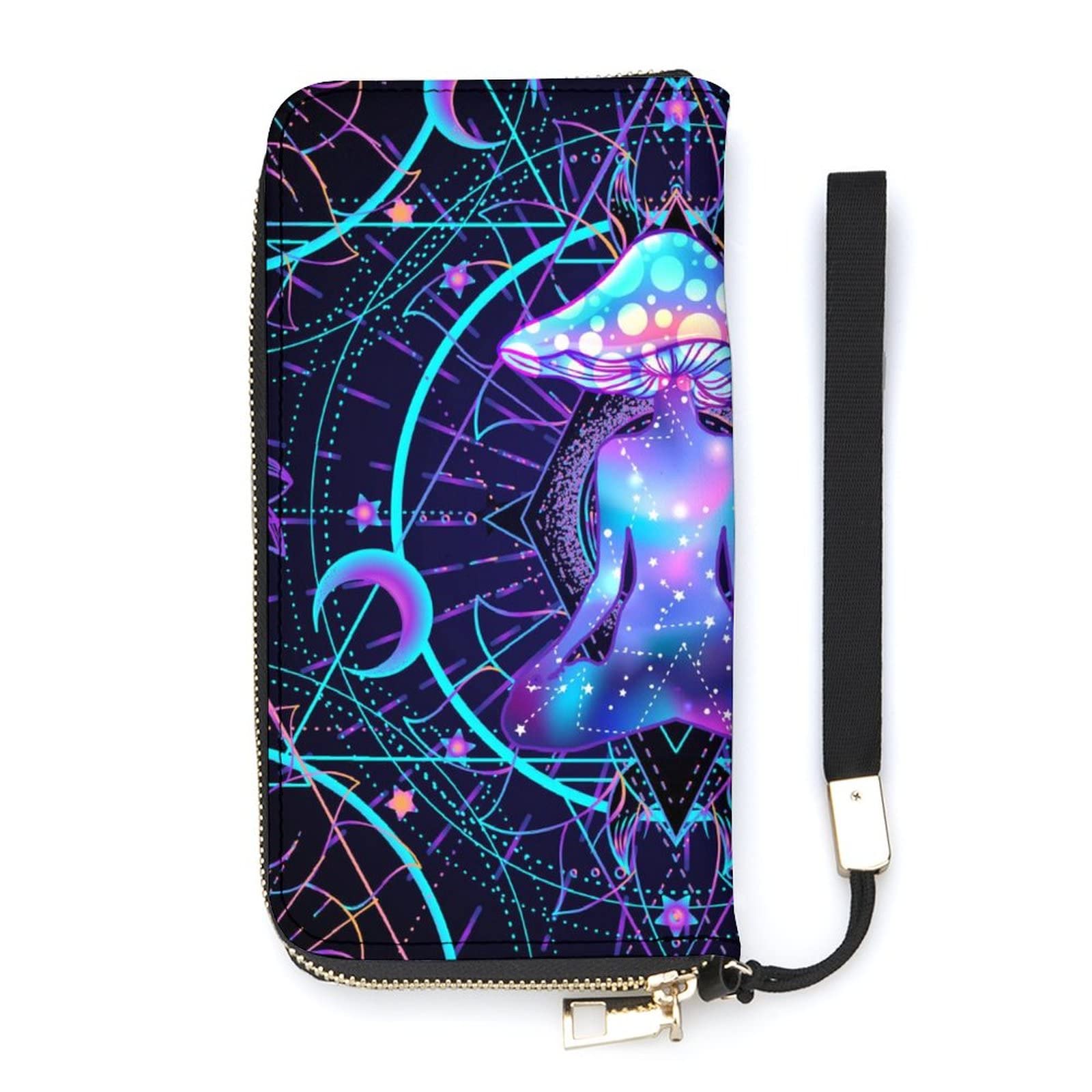Women's Clutch Wallet Bag,Psychedelic Magic Mushrooms over Sacred Geometry Long Leather Wallets with Wristlet Strap Zipper Around Credit Card Holder GIft-TPU Durable Shockproof Lightweight Waterproof
