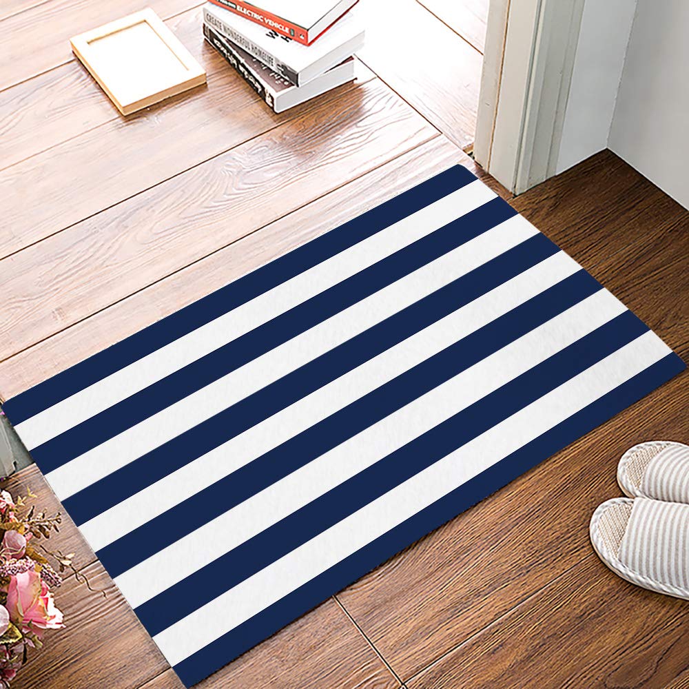 Door Mat for Bedroom Decor, Navy Blue and White Stripe Floor Mats, Holiday Rugs for Living Room, Absorbent Non-Slip Bathroom Rugs Home Decor Kitchen Mat Area Rug 18x30 Inch