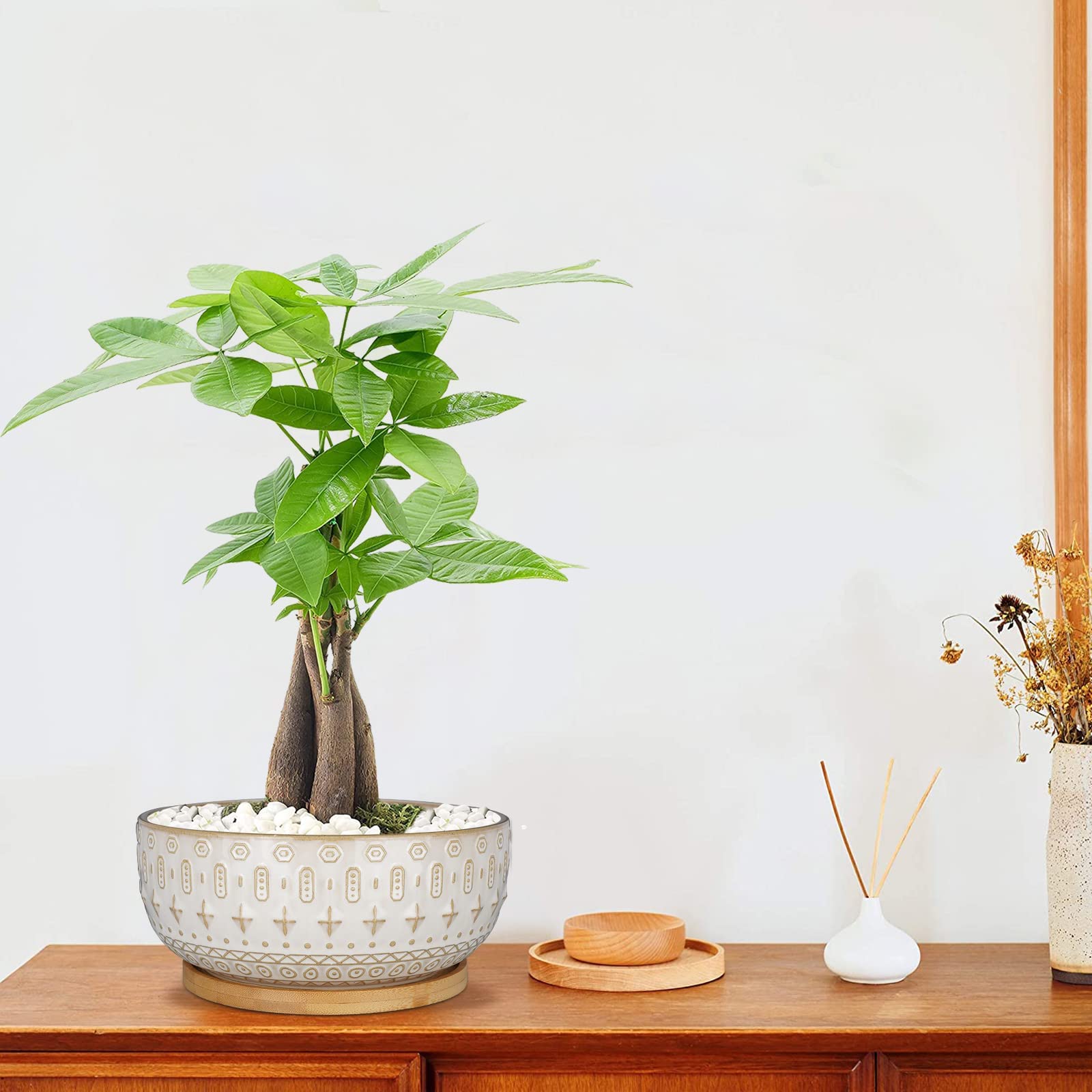 Fivepot 10+8 Inch Ceramic Succulent Planter Pots with Drainage Hole Clay Flower Pot for Indoor Plants Round Shallow Bonsai Pot with Bamboo Tray White