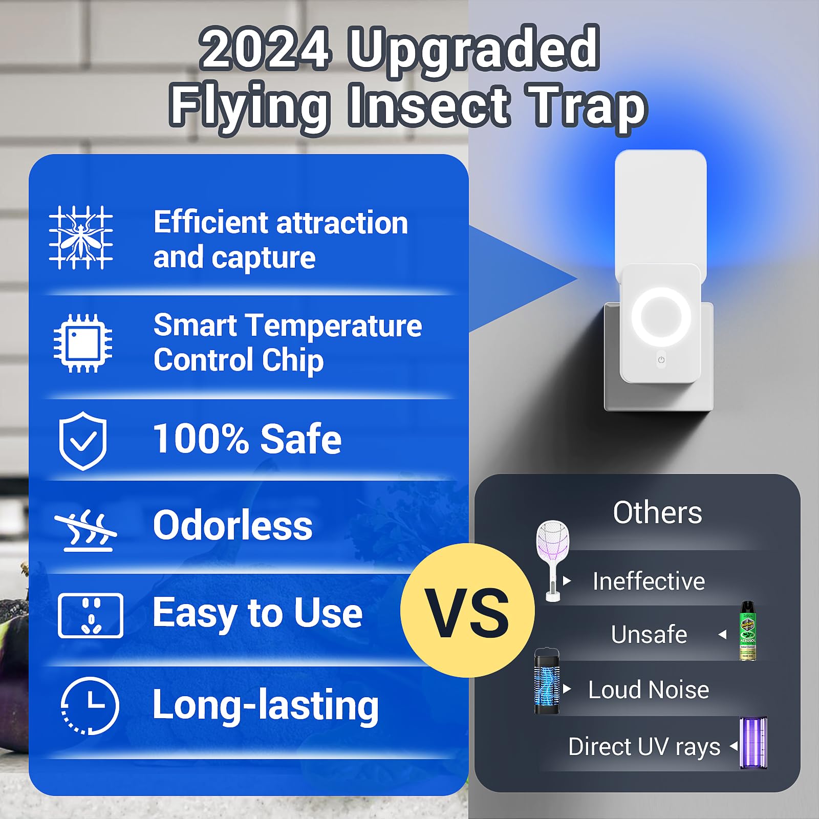 Fruit Fly Traps for Indoors, Safe & Effective Plug in Fly Trap Indoor Bug Catcher with Bug Light, Warm & RGB Night Light, Flying Insect Trap Gnat Traps for House Indoor Home, 1 Trap+6 Glue Cards