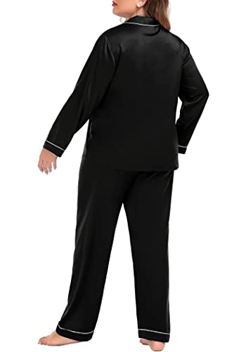 SWOMOG Plus Size Pajamas Long Sleeve Pajama Set Silk Pj Set Button Down Sleepwear Bridesmaid Pjs Satin Pajama Set 18W Black