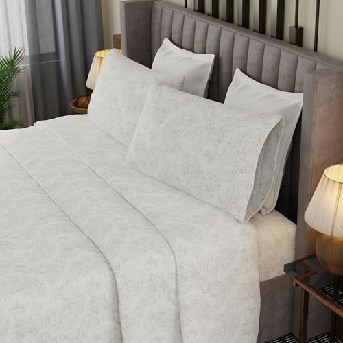 Color Sense Hotel Percale Cotton Rich Sheets, Gray Paisely Full Size Bed Sheet, Wrinkle-Resistant, Brushed for Extra Softness, Luxury Bed Sheets Full, Elasticized Deep Pocket Bedding Set