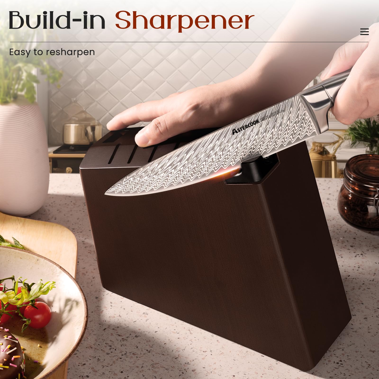 Knife Set, Astercook 15 Pcs Knife Sets for Kitchen with Block, Dishwasher Safe Kitchen Knife Set with Built-in Sharpener, German Stainless Steel Knife Block Set
