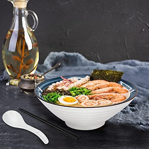 CYSNATU Japanese Ramen Bowl, Ceramic Ramen Bowls Set of 2, 34oz Large Ramen Bowl Noodle, Ramen Bowl with Chopsticks and Spoon(Blue and White)