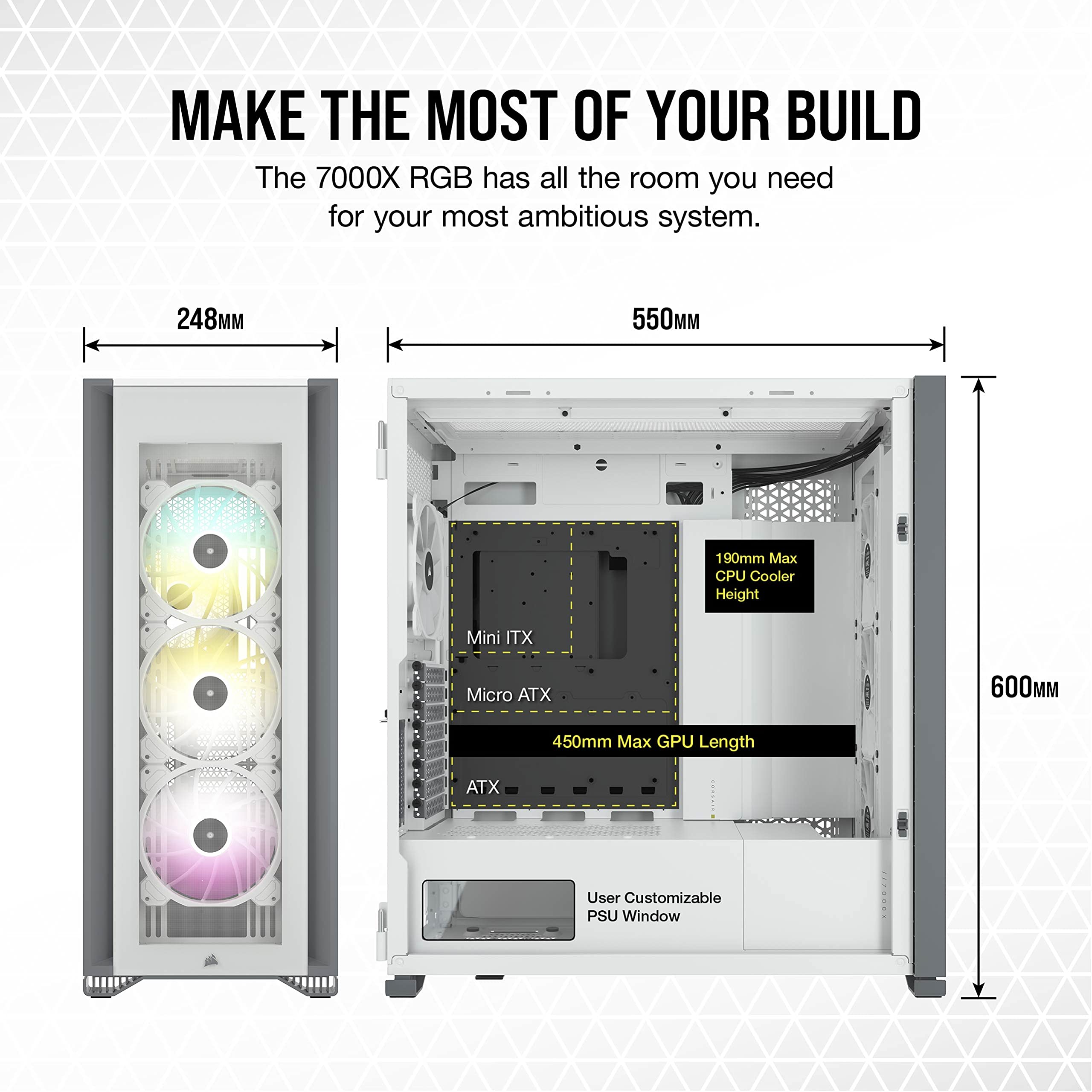CORSAIR iCUE 7000X RGB Full-Tower ATX PC Case – Three Tempered Glass Panels – Spacious Interior – Easy Cable Management – 4x CORSAIR SP140 RGB ELITE Fans Included – White