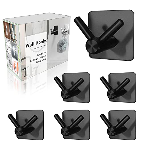 Shengsite Adhesive Hooks, 6 Pack Wall Mounted SUS 304 Bath Towel Hooks, Matte Black Heavy Duty Wall Coat Hooks for Bathroom Bedroom Kitchen Hotel Pool(6 Pack, Matte Black)