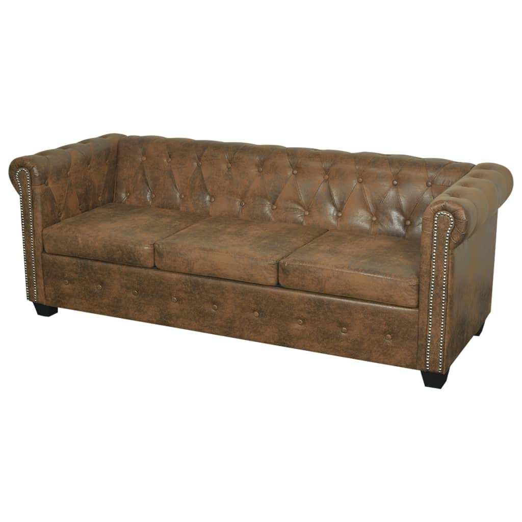 Chesterfield Sofa 3-Seater Brown Faux Leather (98.23lbs)