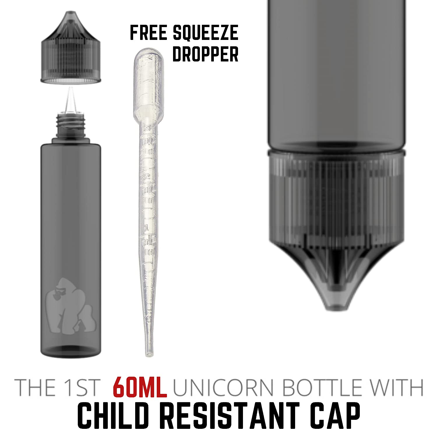 Chubby Gorilla LDPE PET Plastic Unicorn Squeeze Bottle 60ml (10 Pack) Dropper bottle (Transparent Black) REUSABLE, Child Resistant Cap, Easy Drip Tip Applicator Dropper Bottles with Squeeze Dropper