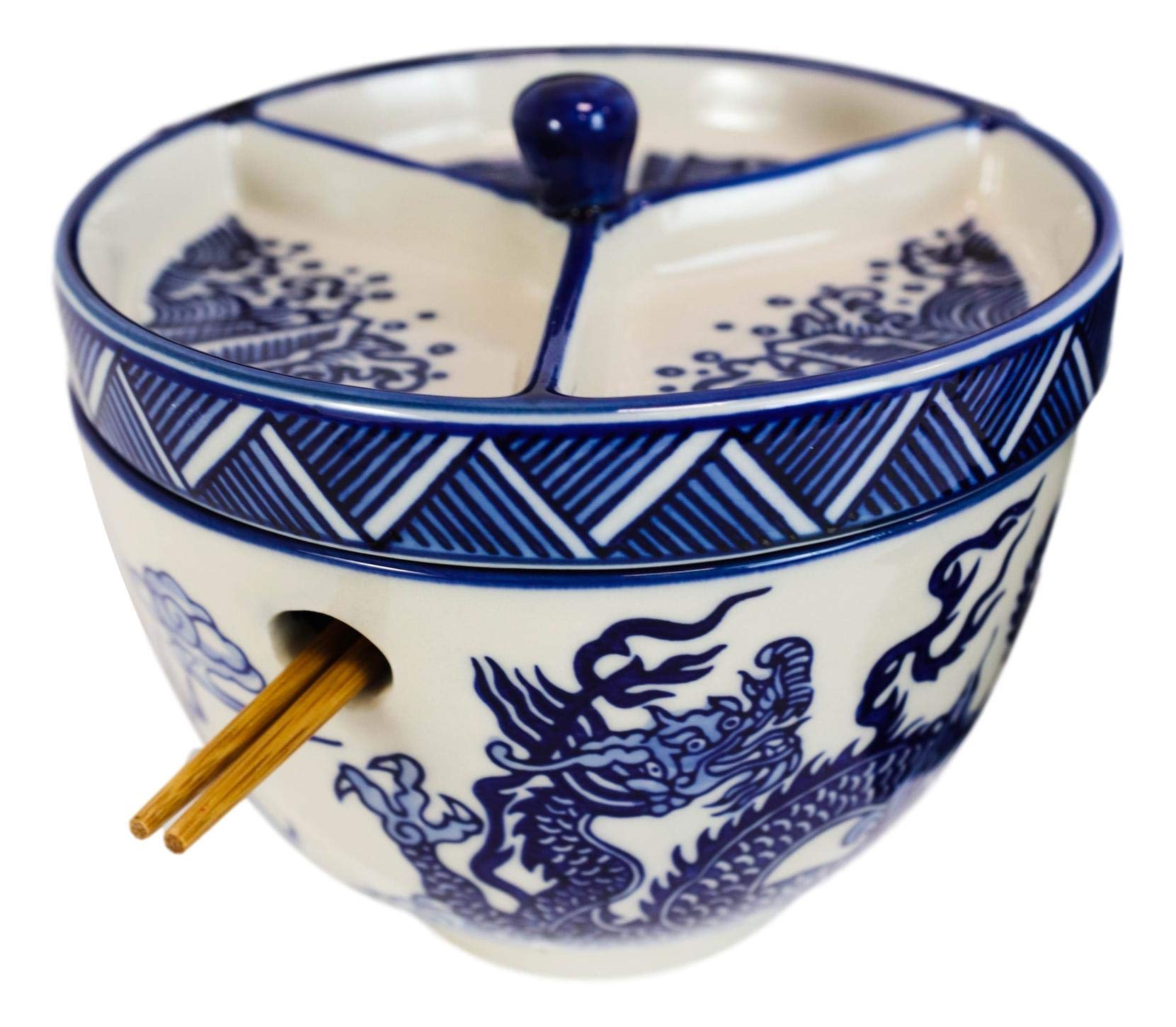 Ebros Japanese Dining Tempura Udon Noodles And Tentsuyu Dipping Sauce Large 6"D Bowl With Condiment Divider Lid And Bamboo Chopsticks And Built In Rest Set (Blue White Oriental Feng Shui Dragon King)