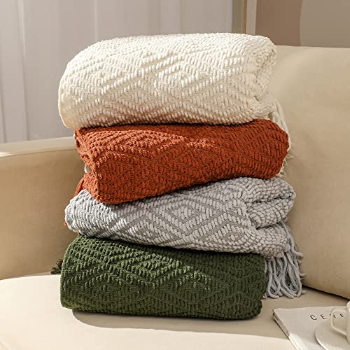 JOOJA Throw Blanket for Couch Knit Blanket Textured Chenille Blanket for Bed Super Soft Cozy Warm Blanket with Tassels for Chair Sofa Living Room, 60x80 Inches Burnt Orange