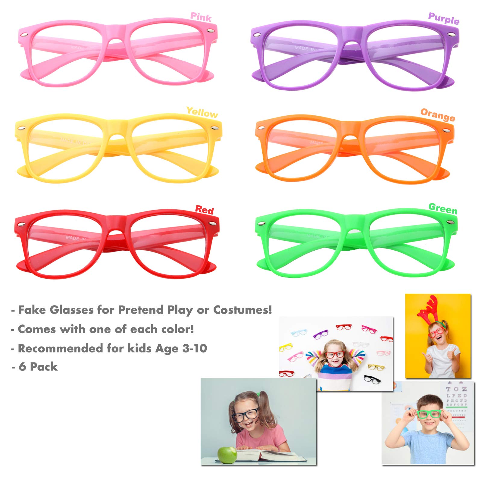 Pack of 6, Kids Nerd Fake Glasses Clear Lens Small Frame Children's (Age 3-10)