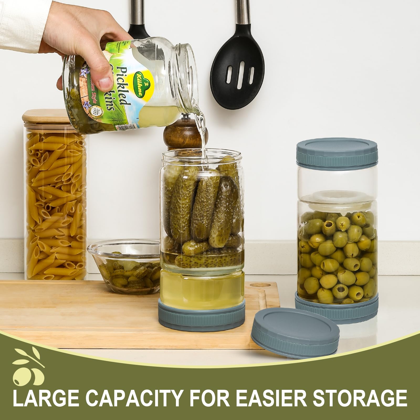 LANDNEOO 2 Pack 36oz Glass Pickle Jar with Strainer Flip, Airtight Olive or Kimchi Hourglass Container, Pickle Flip Holder Separate Food from Pickle Juice, Green