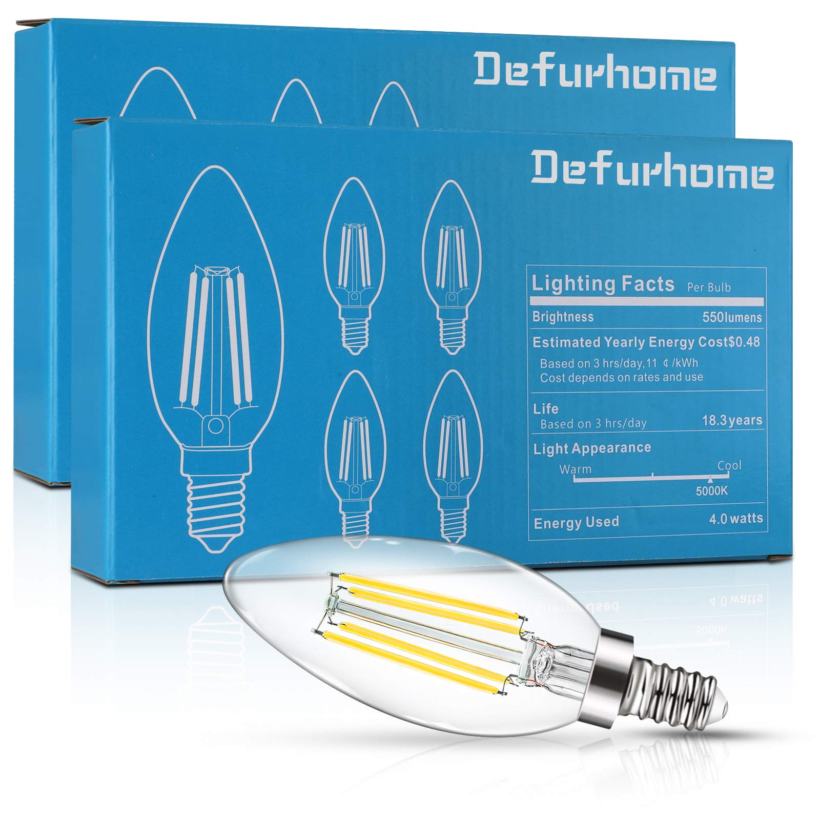 Defurhome E12 Candelabra LED Bulbs, 550LM, 60W Incandescent Equivalent, Daylight White 5000K, Non-Dimmable, C35 Filament Glass Bulb, Decorative Candle Light Bulbs - Pack of 10