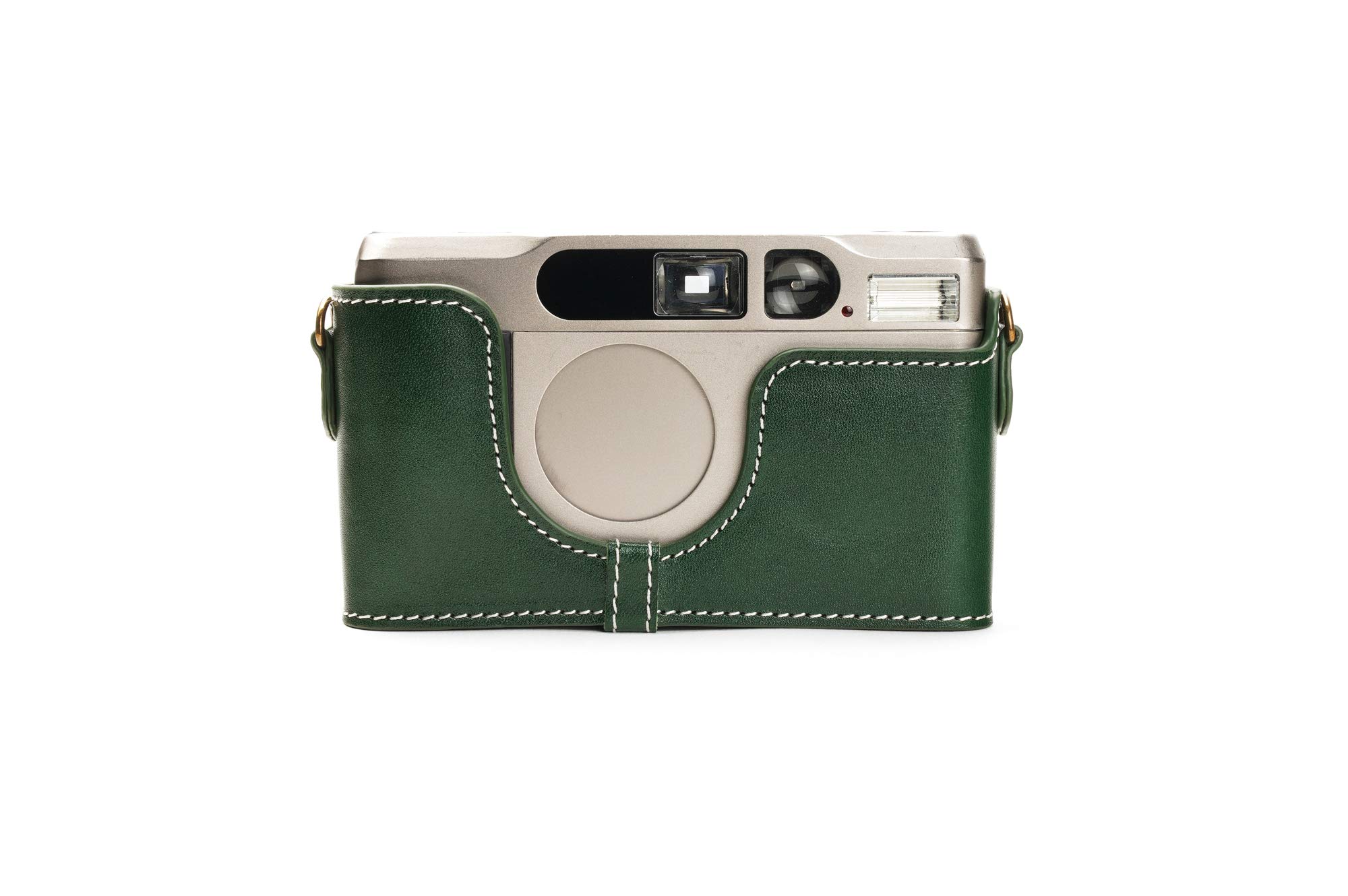 Contax T2 Case, BolinUS Handmade Genuine Real Leather Half Camera Case Bag Cover for Contax T2 Camera With Hand Strap (Green)