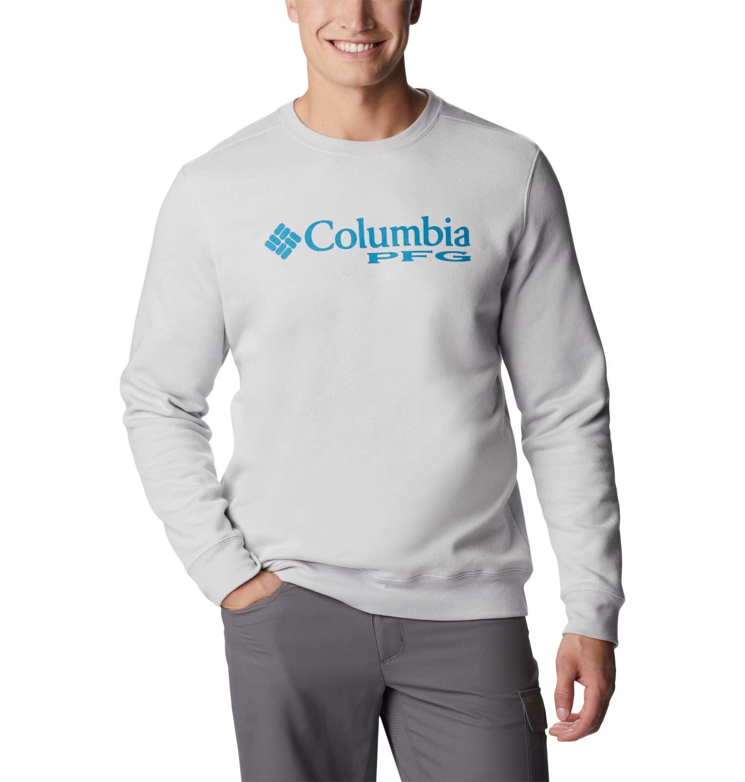 Columbia Men's PFG Stacked Logo Crew Sweatshirt, Cool Grey/Deep Marine, X-Large