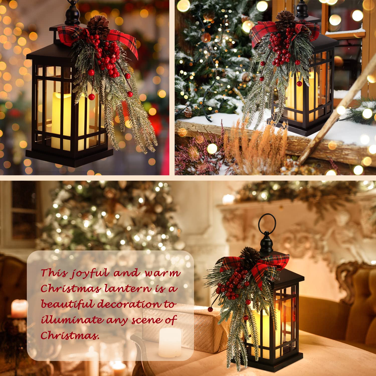 Christmas Lanterns Christmas Decorative Lantern Snow Globe Christmas Decorations Indoor Outdoor Flashing Candle Lights, Dining Table Fireplace Decoration Hanging Candle Lanterns Holiday Decor