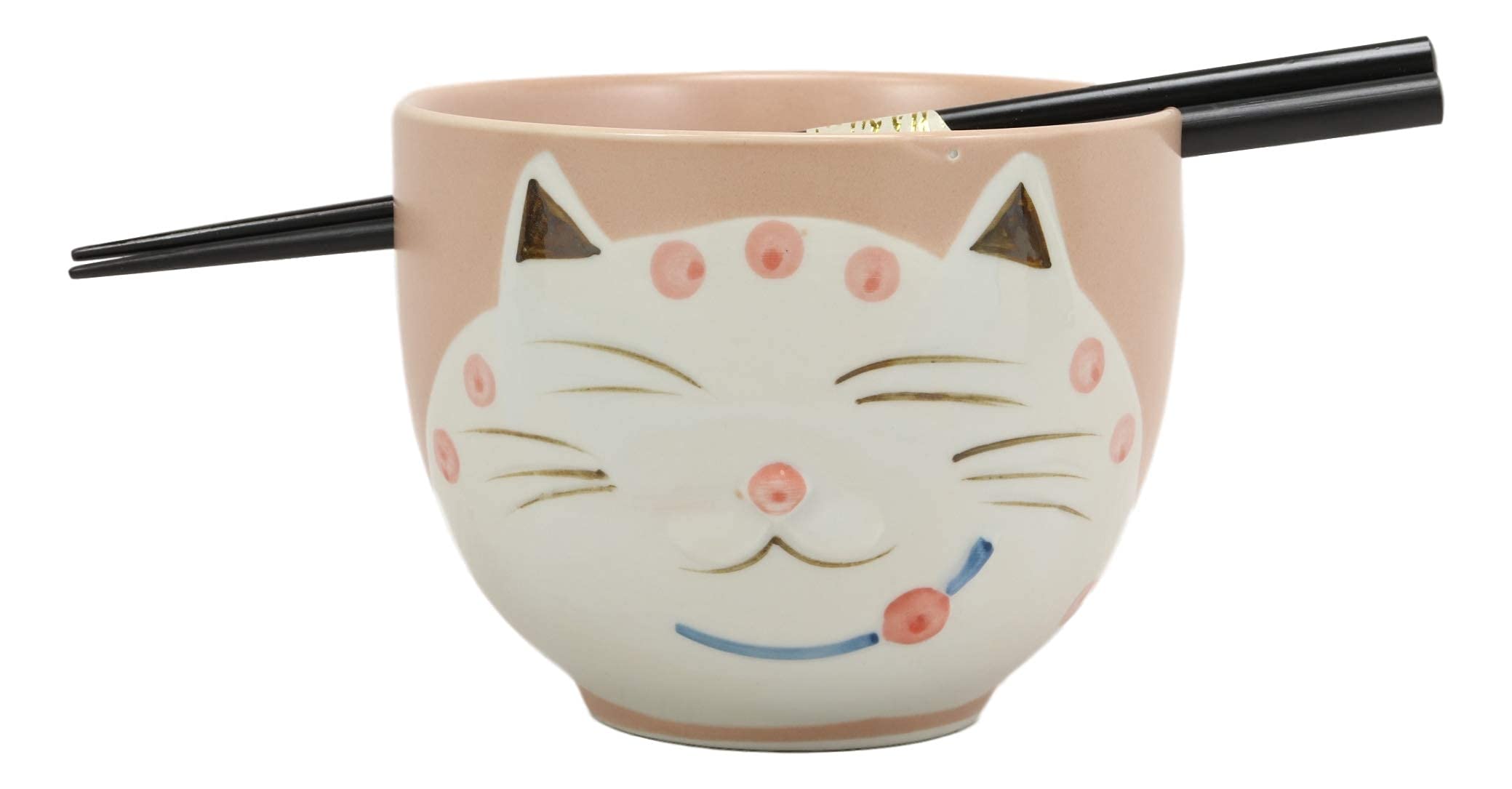 Ebros Whimsical Ceramic Peachy Pink Lucky Meow Cat Pasta Ramen Udong Pho Noodles Soup Bowl and Chopsticks Set Dining Gourmet Meal Feline Cats Collection Rice Bowls Decor Kitchen