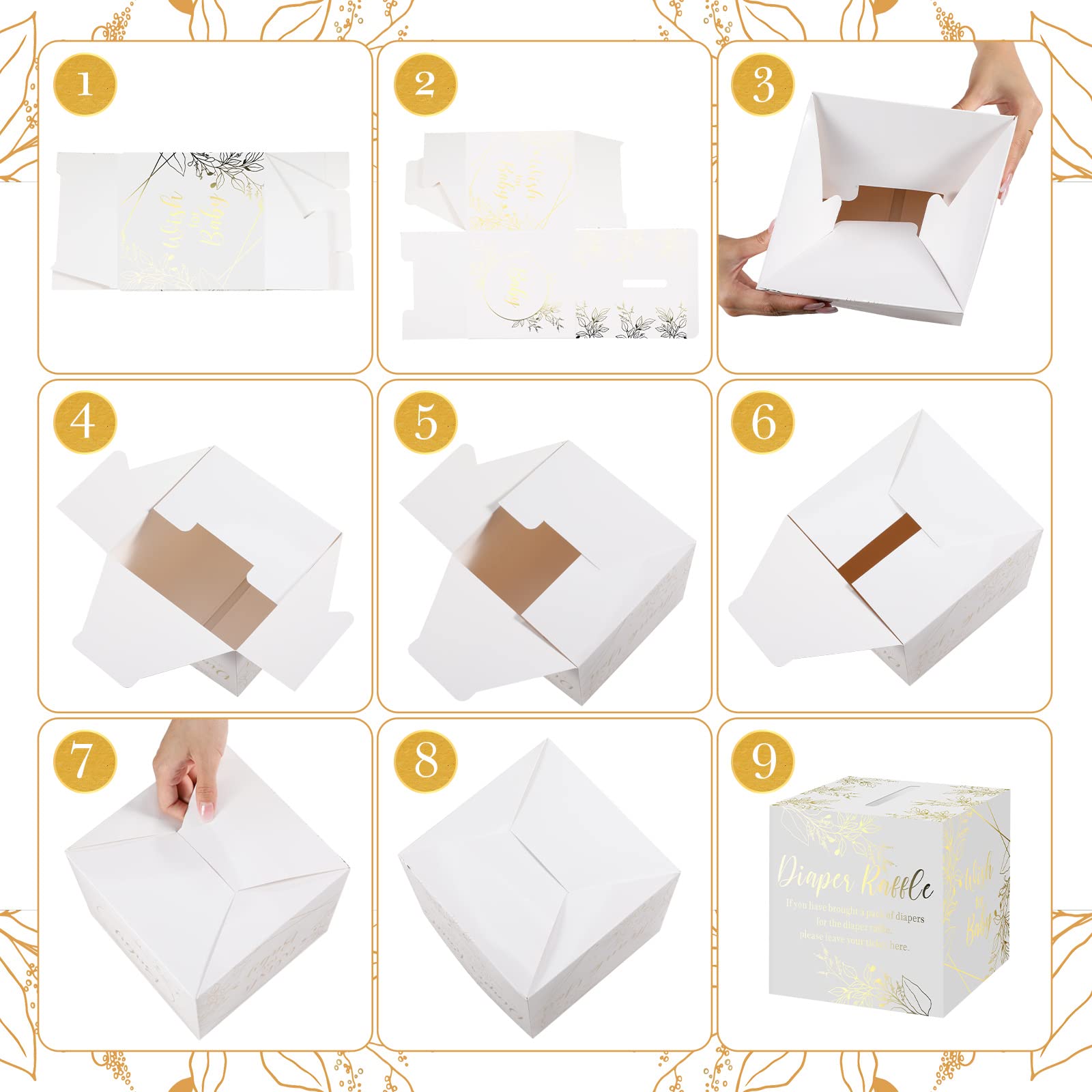 Funrous 51 Pcs Diaper Raffle Tickets with Holder White and Gold Themed Card Box for Baby Shower Party Game Kit Supplies