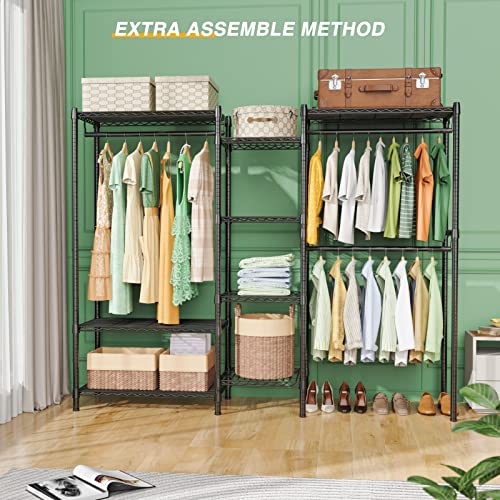 LEHOM G7 Heavy Duty Clothes Rack for Hanging Clothes, Portable Garment Rack Compact Size Closet Organizer, Freestanding Metal Clothing Rack Wardrobe Closet with Storage Shelves for Bedroom(Medium)