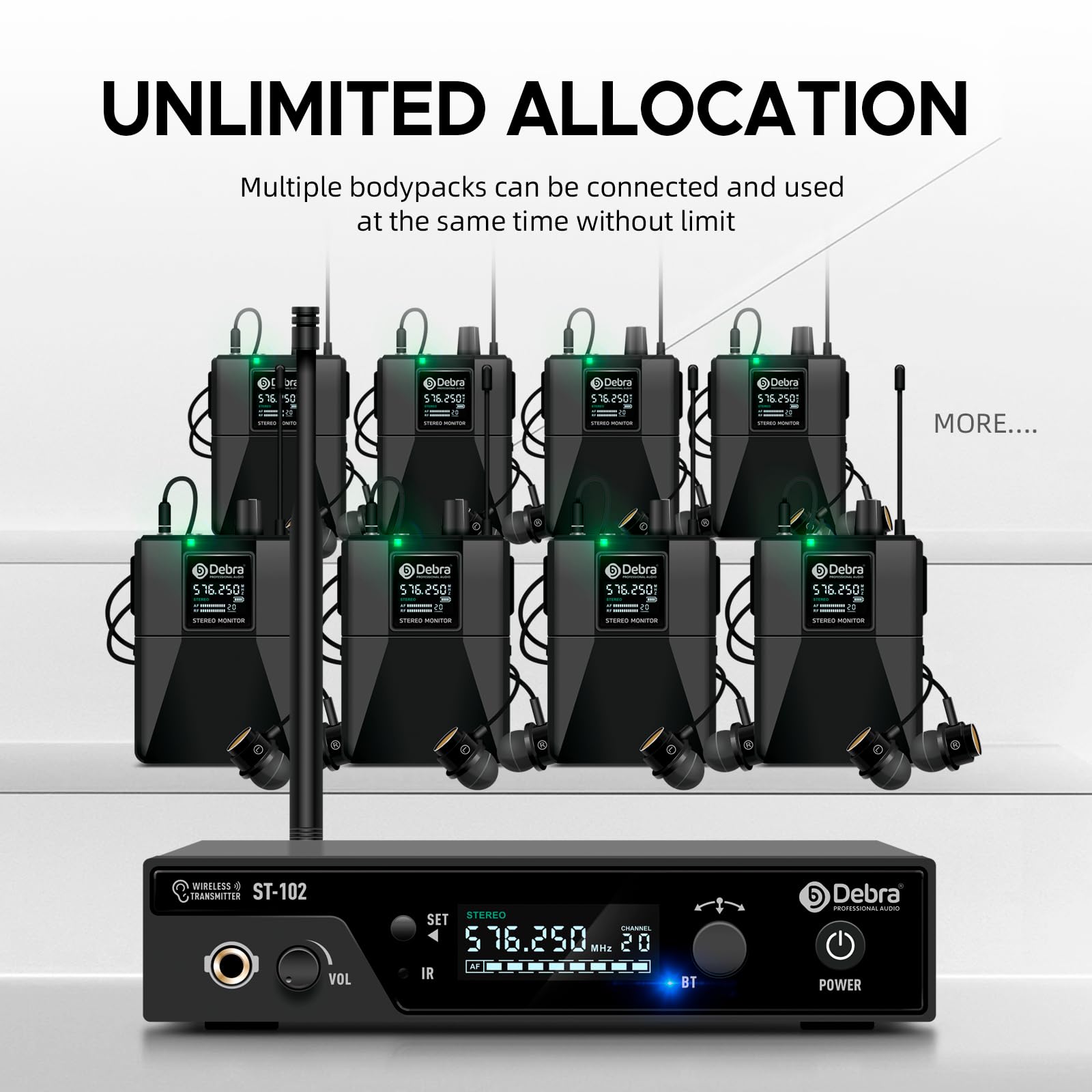 D Debra PRO ST-102 UHF Stereo Wireless in Ear Monitor System, Wireless IEM with Bodypacks and Headsets, Ideal for Stage Studio Speech (1 Bodypack with Transmitter (ER-102))