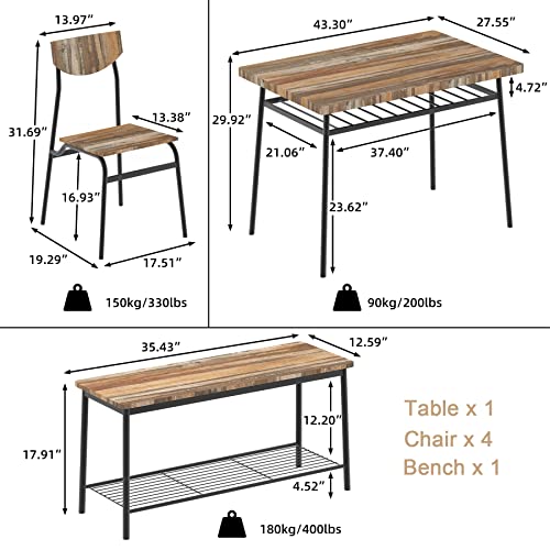 STHOUYN 6 Piece Dining Table Set, Kitchen Table and Chairs for 6, Dining Room Dinner Table Set w/Storage Rack for Home, Apt, 4 Chairs, Bench, Small Space (Retro Brown (6 Piece))