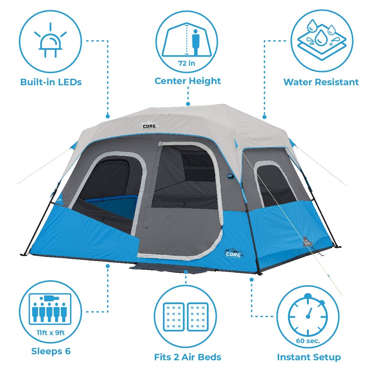 CORE 9 Person Instant Cabin Tent with LED Lights | Lighted Pop Up Camping Tent with Easy 2 Minute Camp Setup | Portable Large Family Cabin Multi Room Tents for Camping