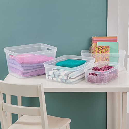 Sterilite 8.25x12.25x15 Inch Modern Polished Storage Bin w/ Comfortable Carry Through Handles & Banded Rim for Household Organization, Clear (6 Pack)