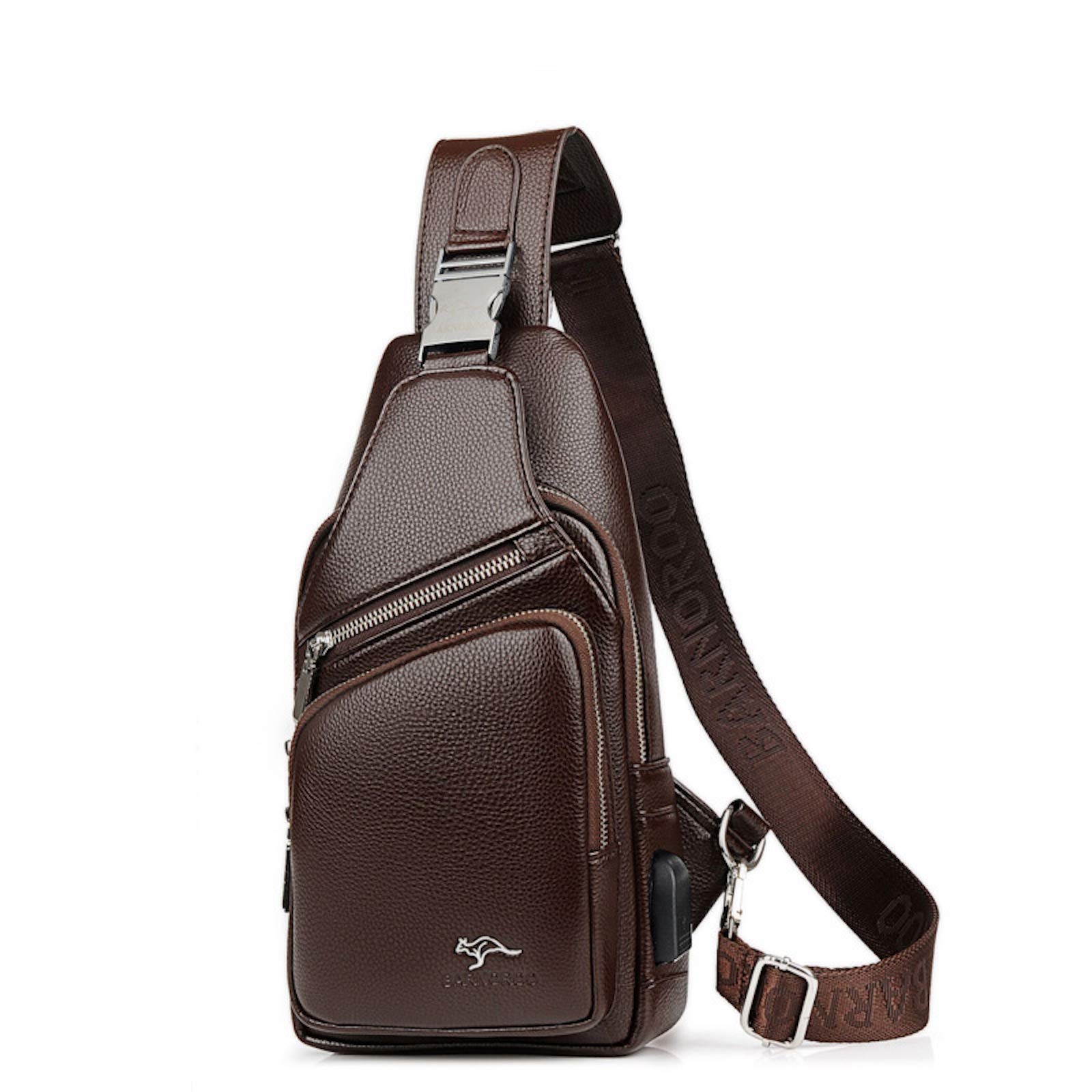 Elonglin Men's PU Leather Sling Bag Multipurpose Daypack Shoulder Chest Crossbody Bag with USB Charging Port Brown 2