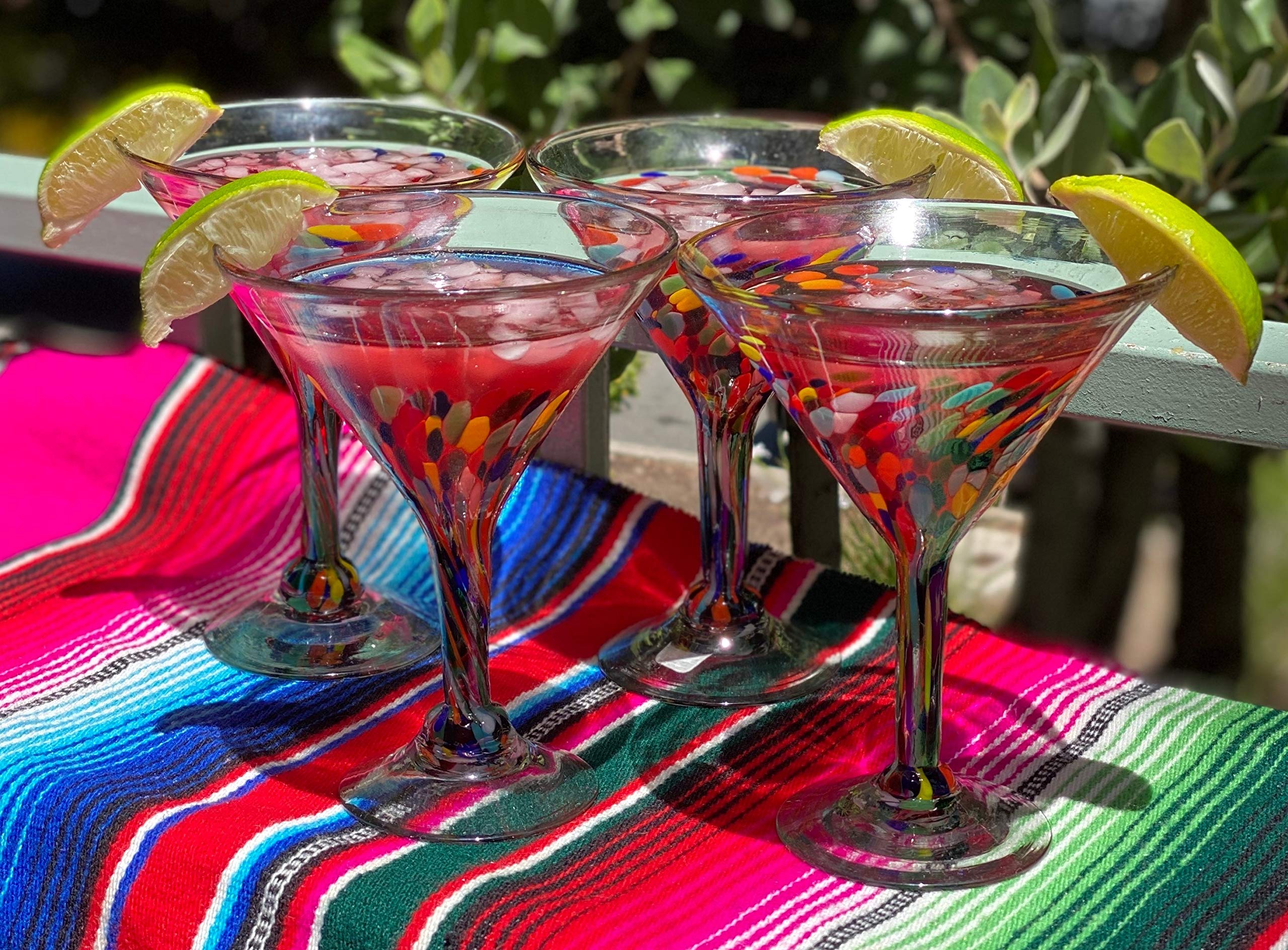 Dos Sueños Mexican Hand Blown Glass – Set of 4 Hand Blown Modern Margarita Glasses - Confetti Carmen (12 oz)